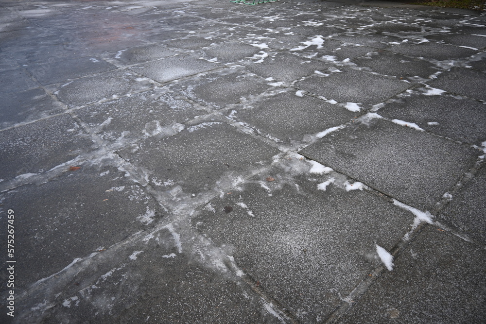 asphalt soviet square concrete tile, asphalt tile covered with thin ice ...