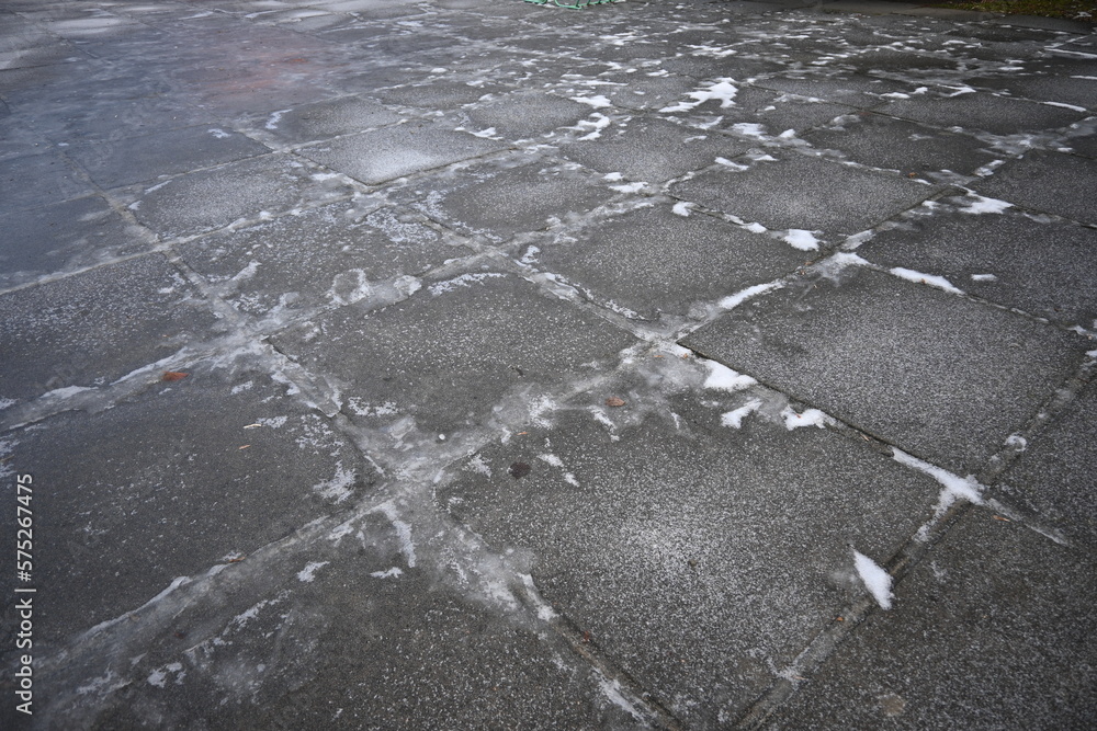 asphalt soviet square concrete tile, asphalt tile covered with thin ice ...