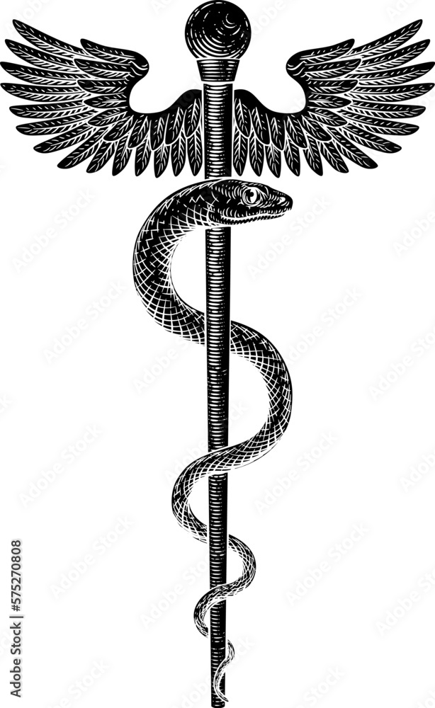 A Rod of Asclepius doctor medical snake symbol in a vintage engraved ...