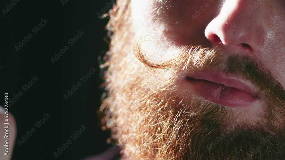 The close filmed face of a bearded red man twisting his mustache in ...