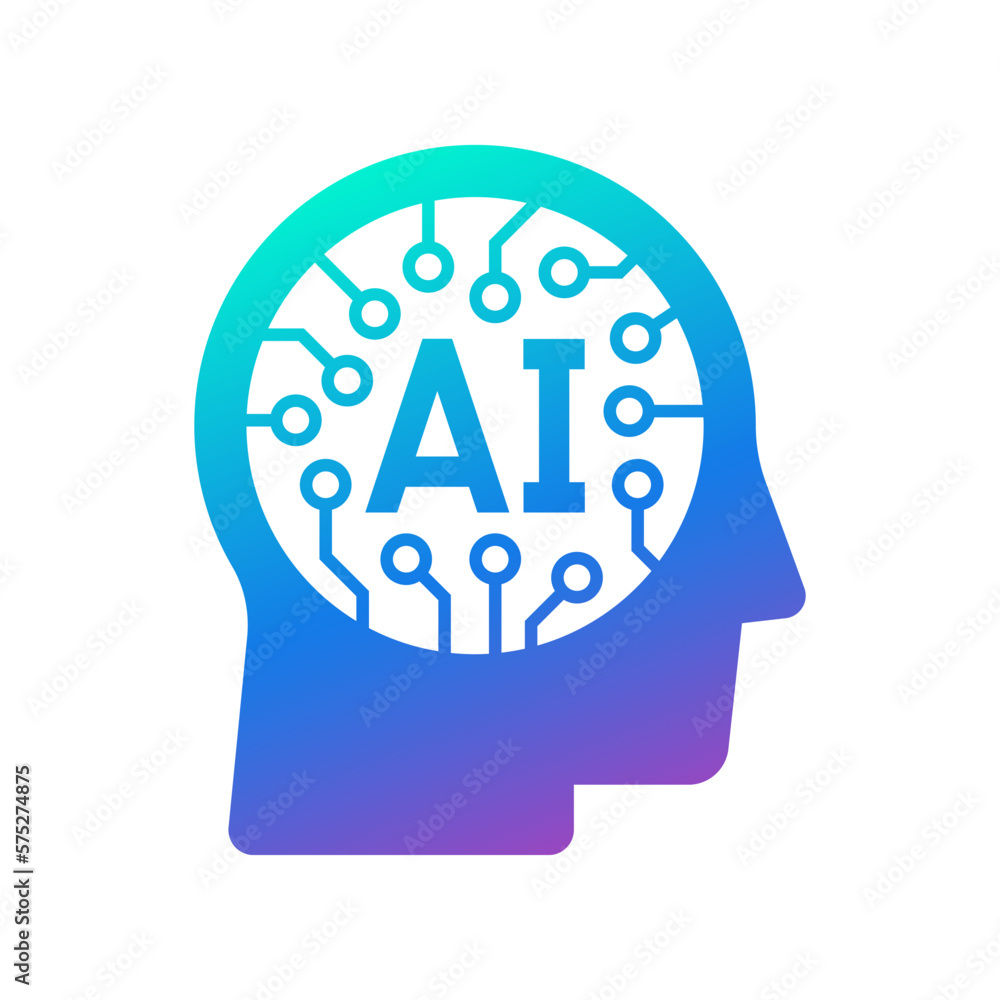 Human head tech icon, AI chip technological brain, Artificial ...