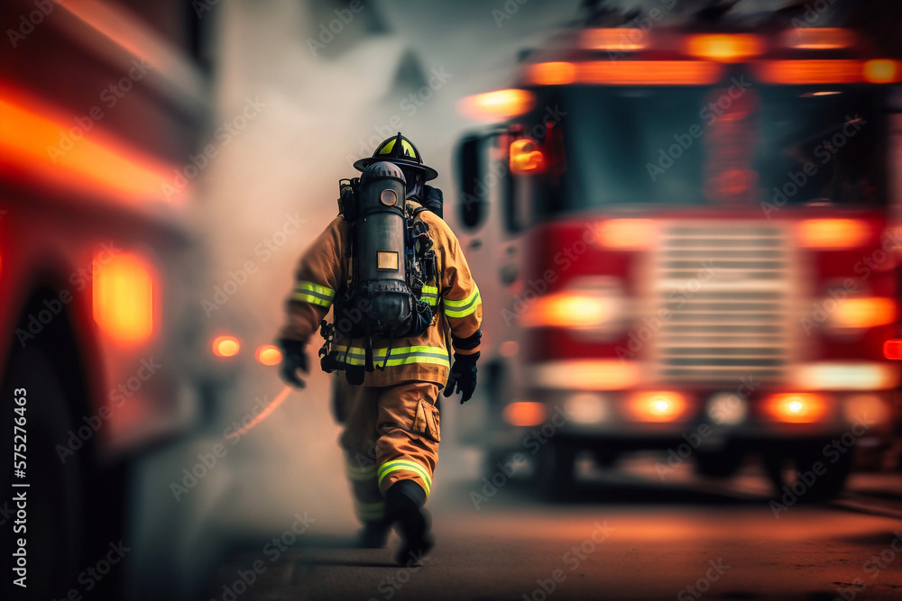 Rear View Of Firefighter Running On Road. Generative AI Stock ...