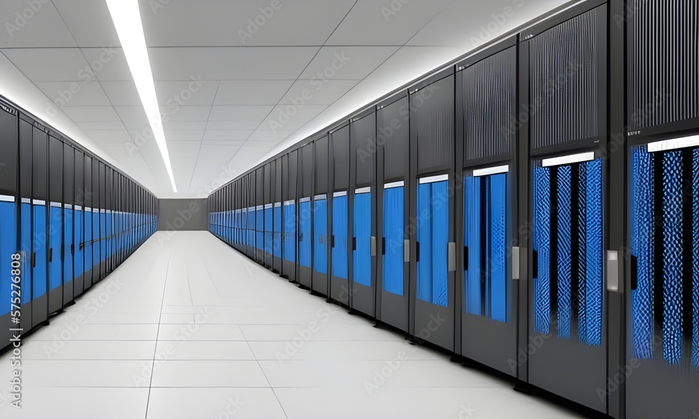 Shot of Corridor in Working Data Center Full of Rack Servers and Supercomputers with Cloud ...