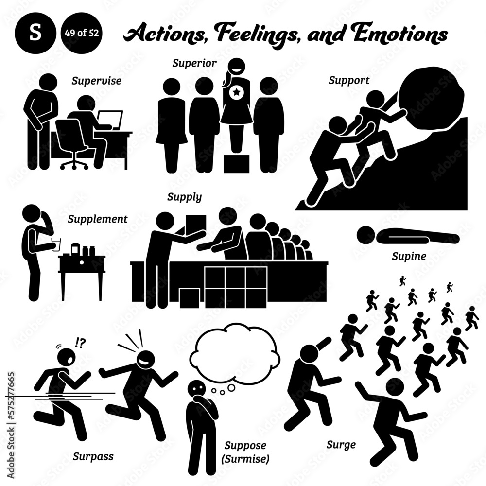 Stick figure human people man action, feelings, and emotions icons ...