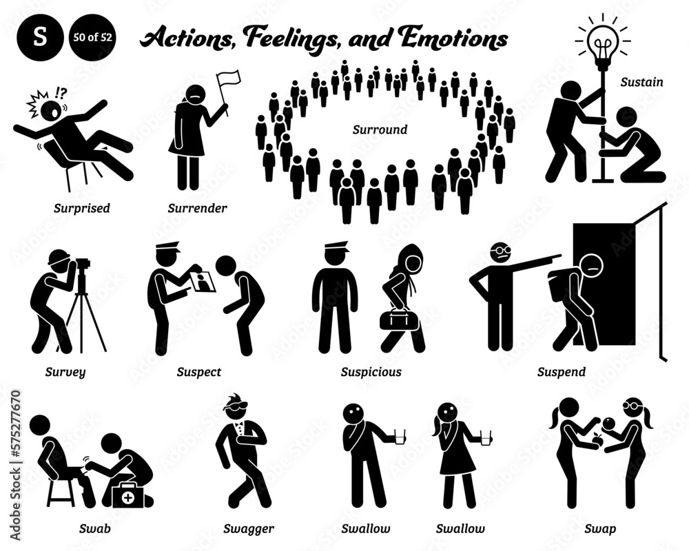 Stick figure human people man action, feelings, and emotions icons ...