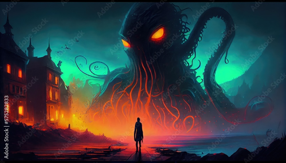Watercolor landscape with Cthulhu in background, apocalyptic scene with ...