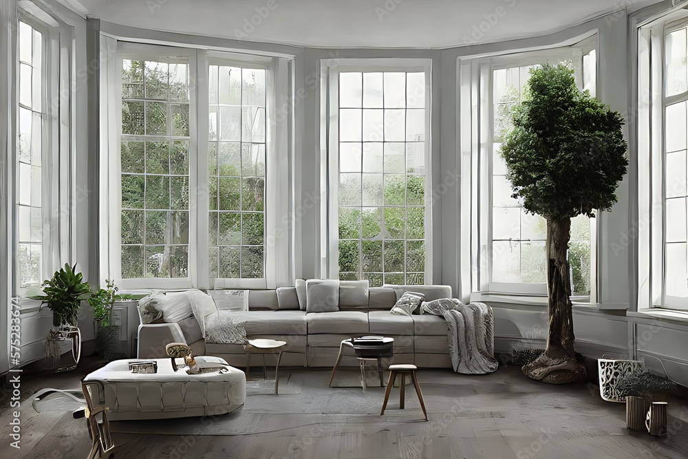Modern Drawing Room with white background and plants big windows and ...