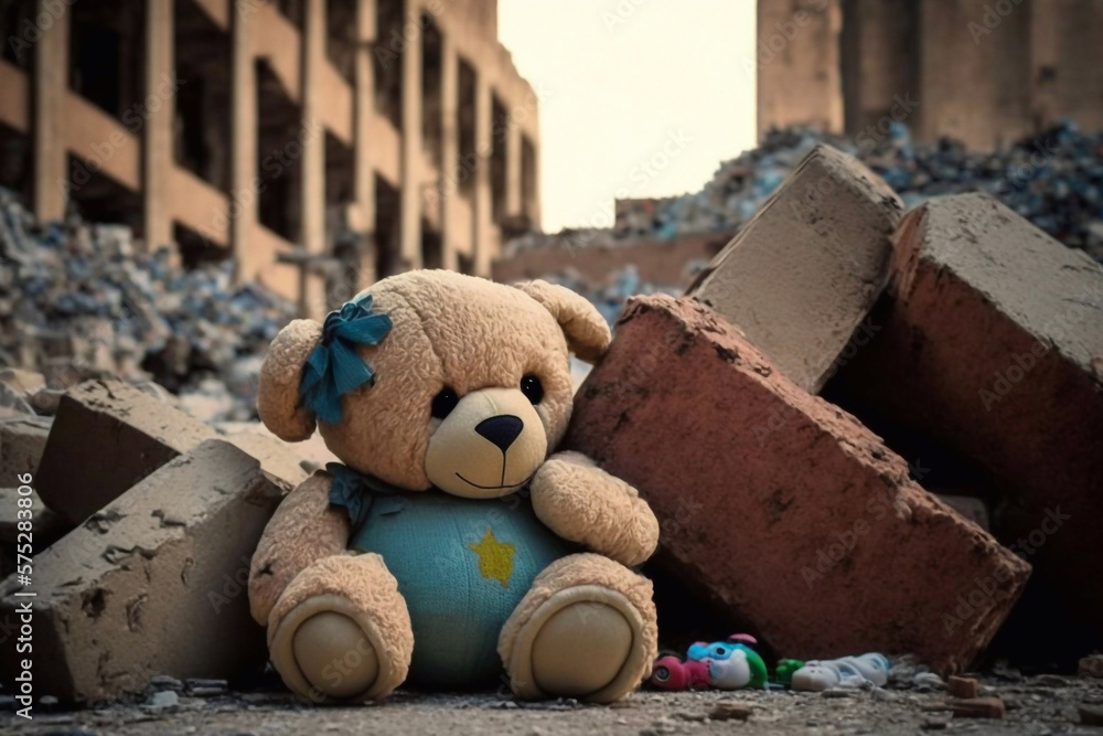 Alone bear lies rubble of house. Concept destroy life of baby after ...
