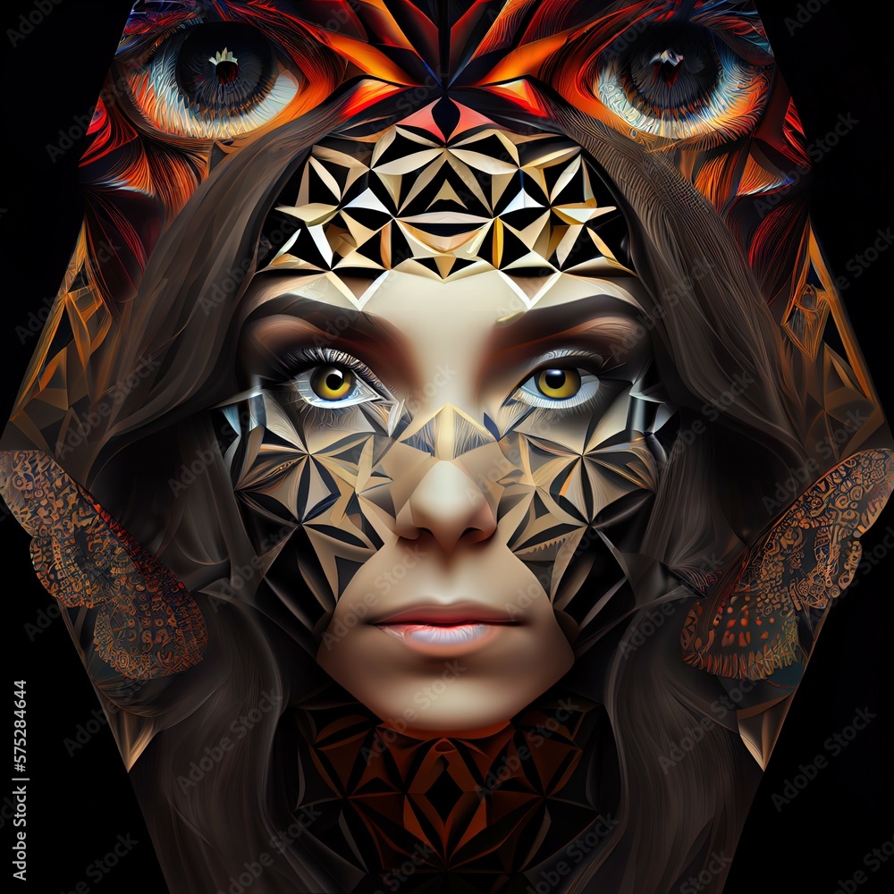 psychedelic symmetrical illustration of a fictional character, with DMT ...