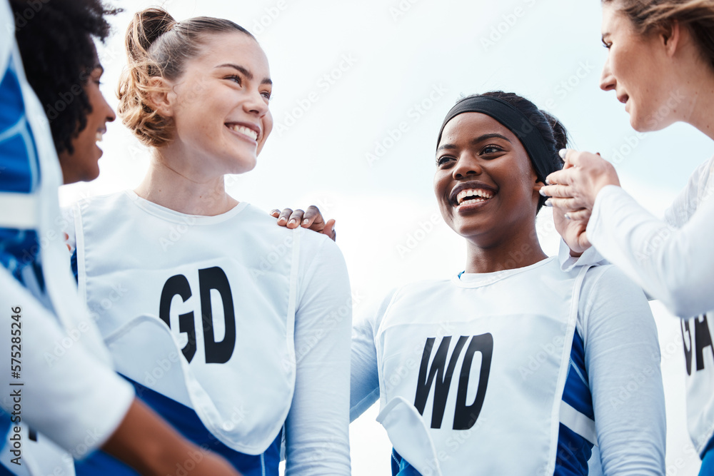 Netball, happy women or sports group with team building, funny ...