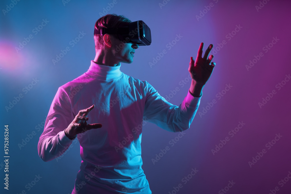 VR guy play virtual battle game at meta verse and dive as digital ...
