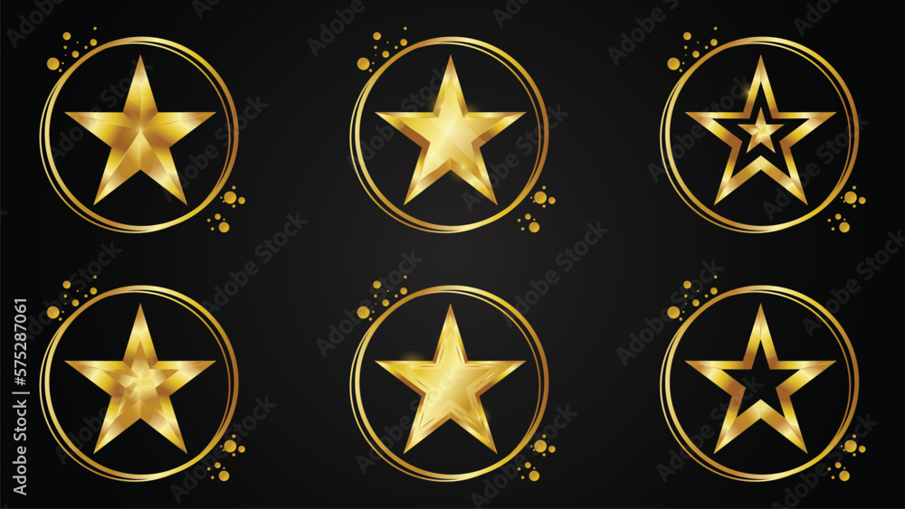 Set of golden stars with gold circle ring vector illustration isolated ...
