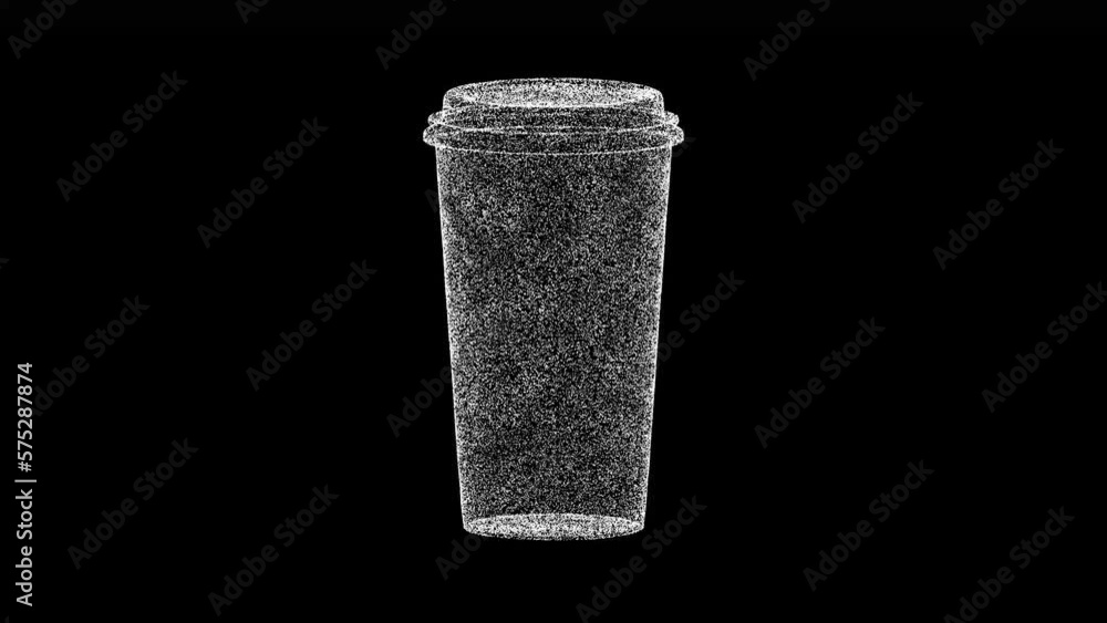 3D paper coffee cup rotates on black bg. Object dissolved white ...