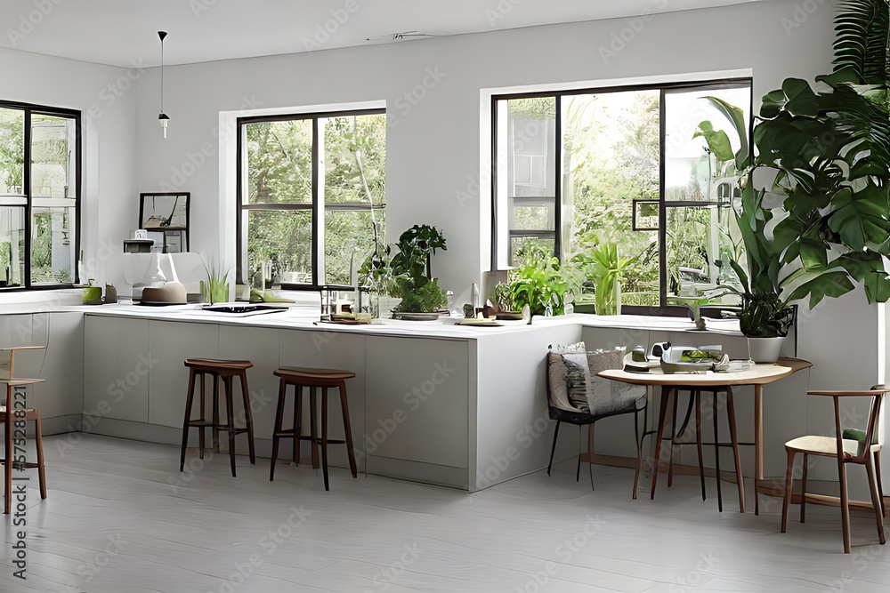 Modern Kitchen with white background and plants big windows and seating ...