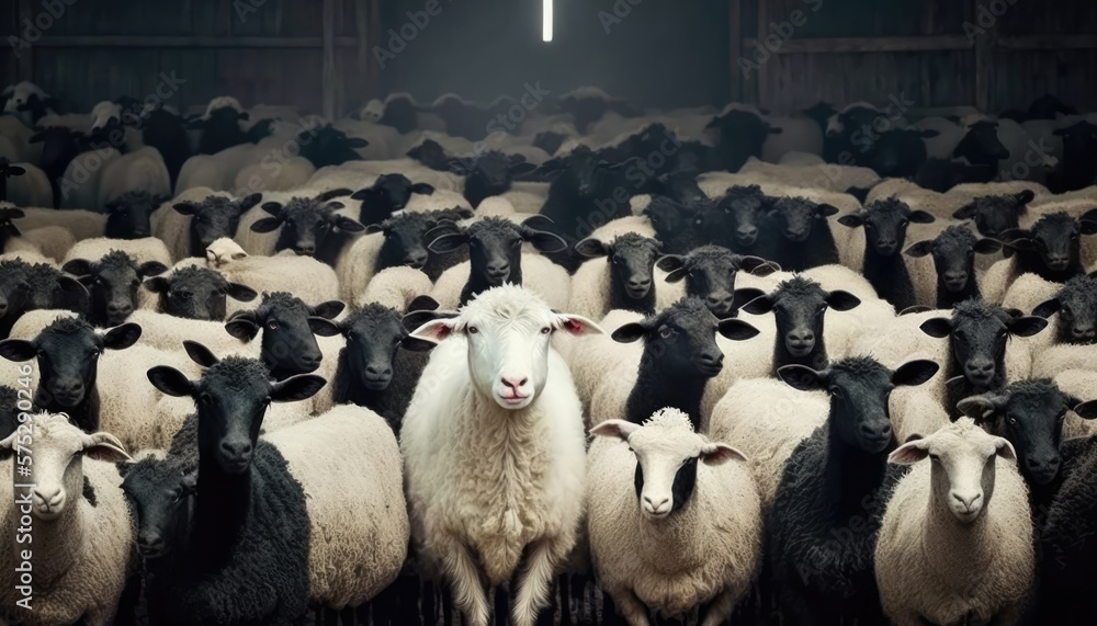 A Flock of White Sheep with a Black Sheep in the Barn - Unique and ...