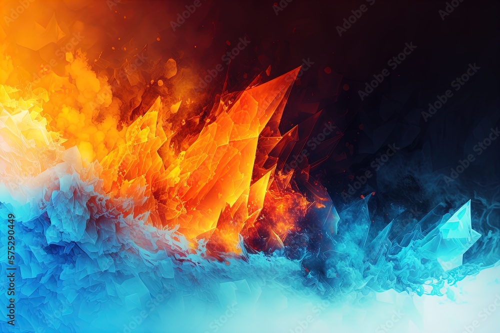 Fiery fire flame swirls and ice collision red blue background. Magic ...