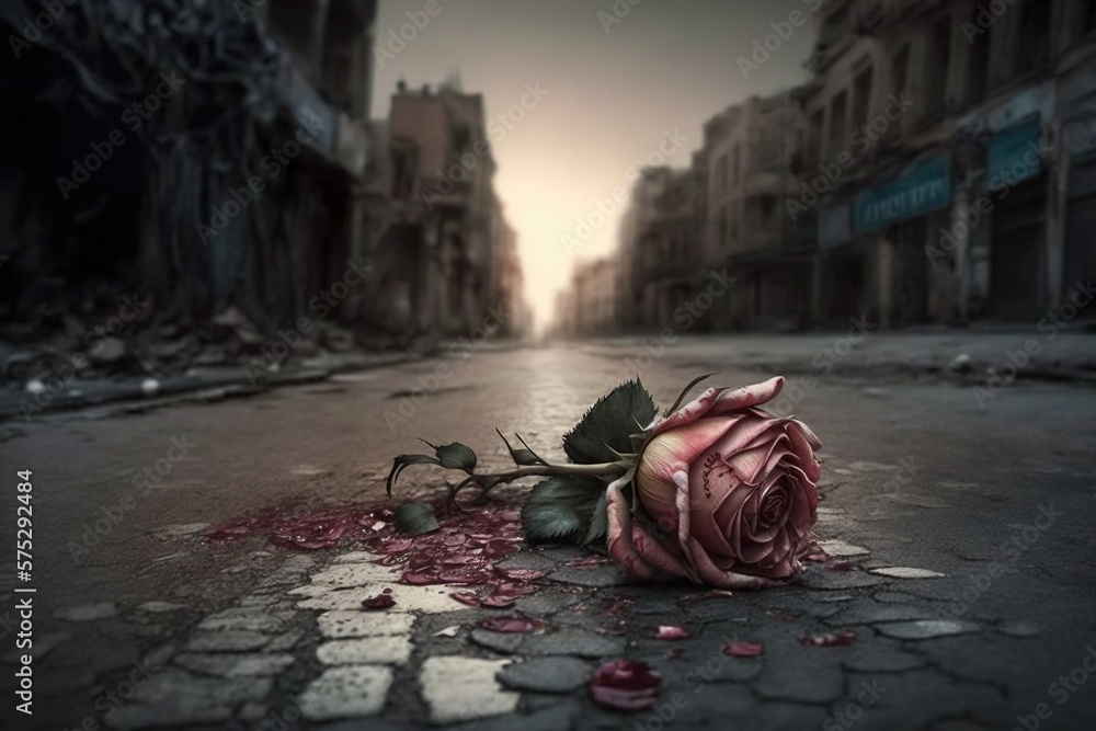 Withered, dying rose lie, ruined, destroyed city. War, buildings ...