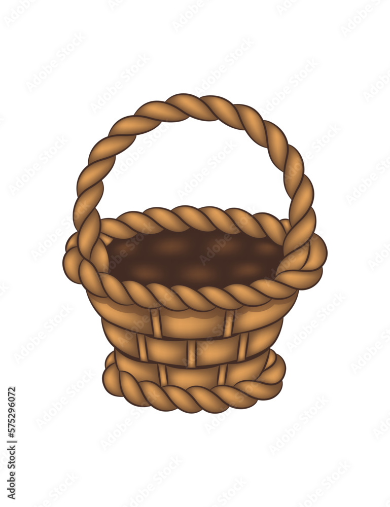 Empty brown wicker basket with handle in a simple cartoon style ...