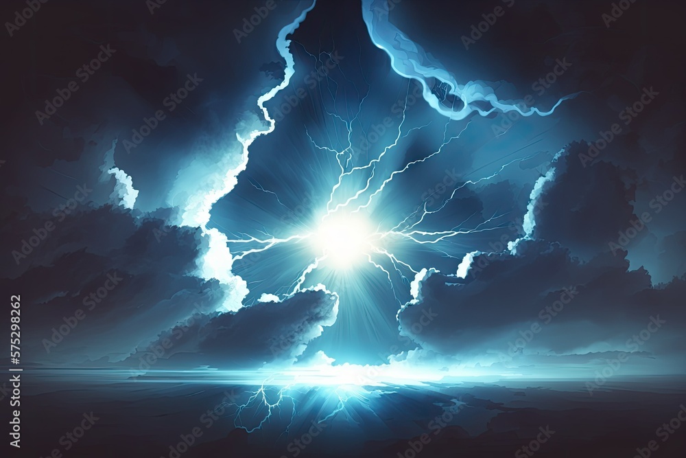 Lightening flashes with sun rays peeping through a cloud break. Storm ...