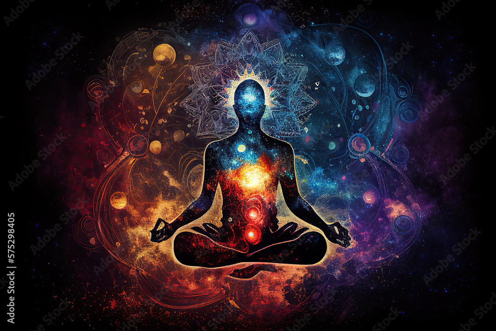 Woman silhouette meditating on cosmic background. Spiritual awakening ...