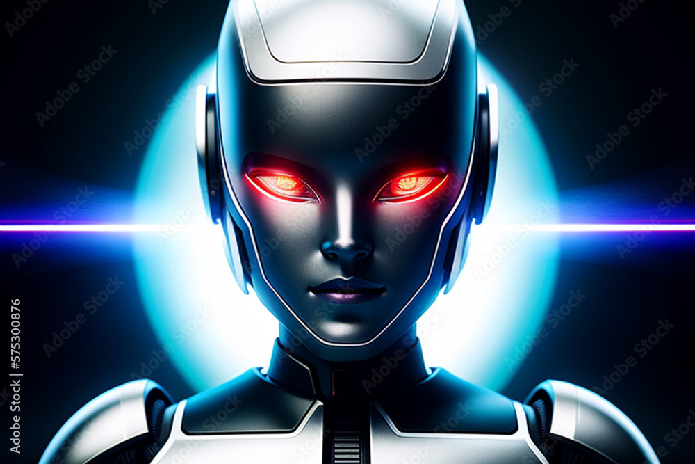 El androide está hecho de un metal oscuro y brillante, que le da una apariencia sólida y ...