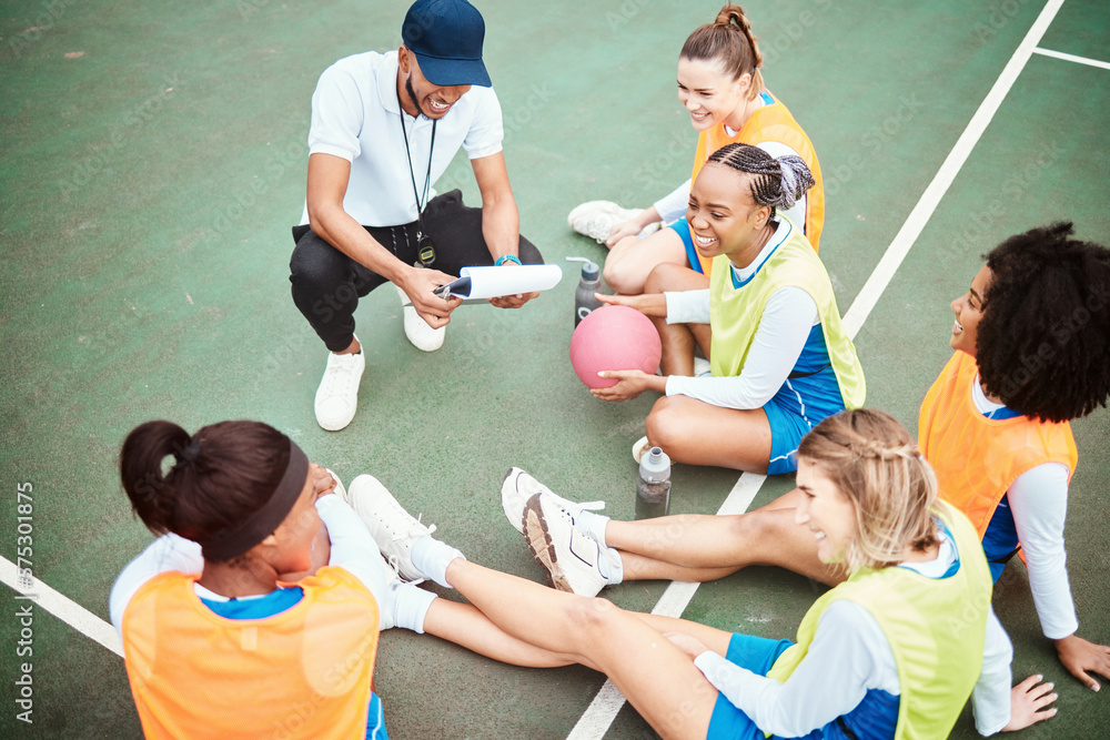 Netball plan, sports team smile and coach planning game strategy ...