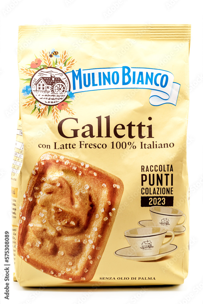 Barilla Mulino Bianco Galletti biscuits,pack on white background Stock ...