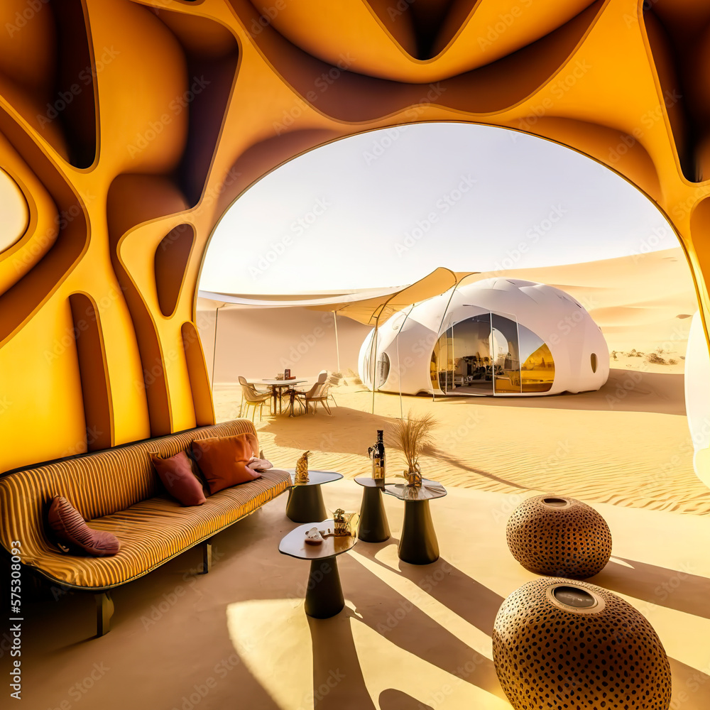 Hotel lobby of a futuristic desert resort, Arabic style. Generative AI ...