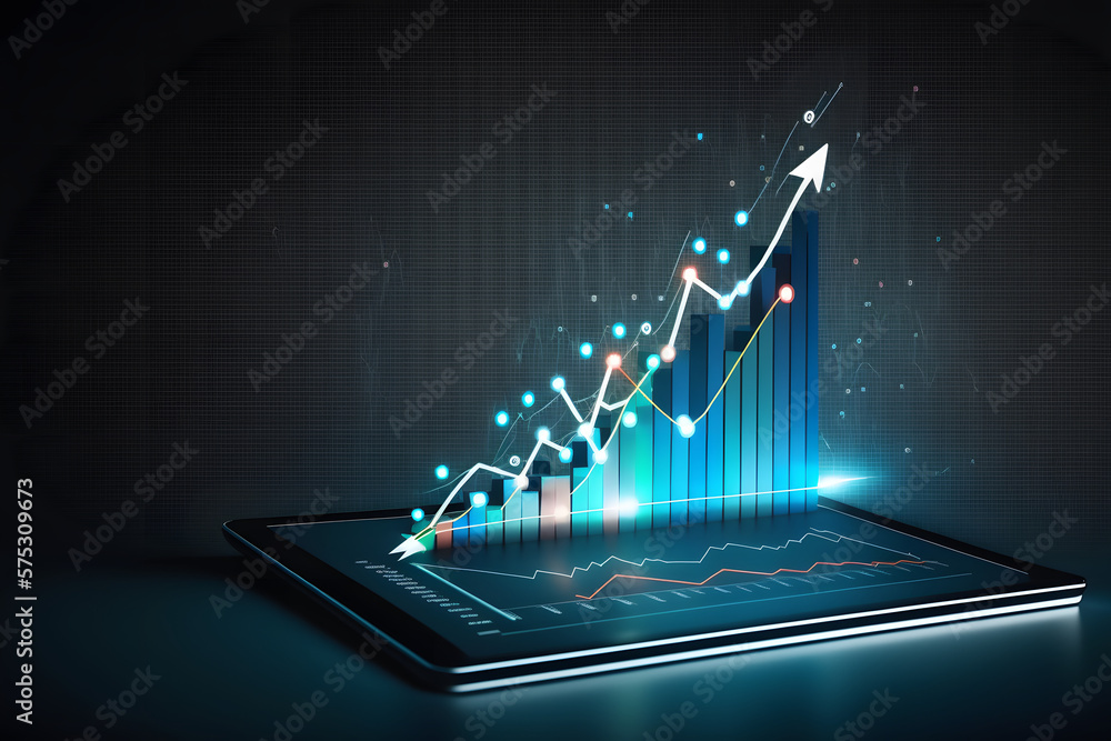 Business 3d tablet virtual growth arrow financial graph on digital ...