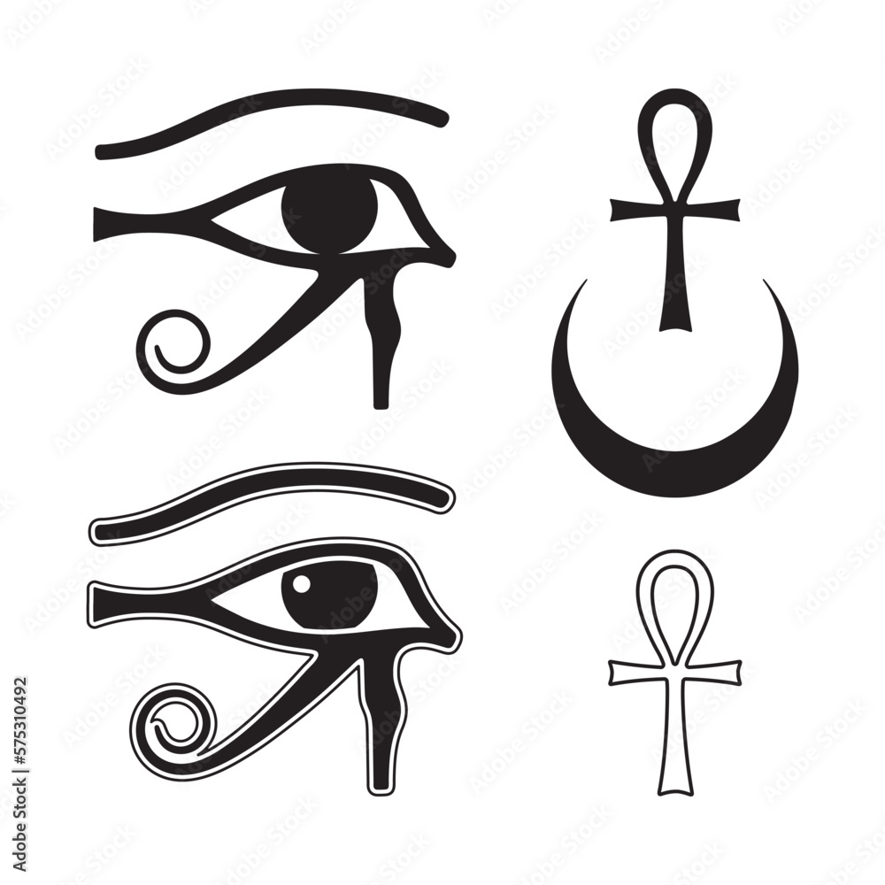 Eye of Horus, ankh cross and crescent moon set of hand drawn elements ...
