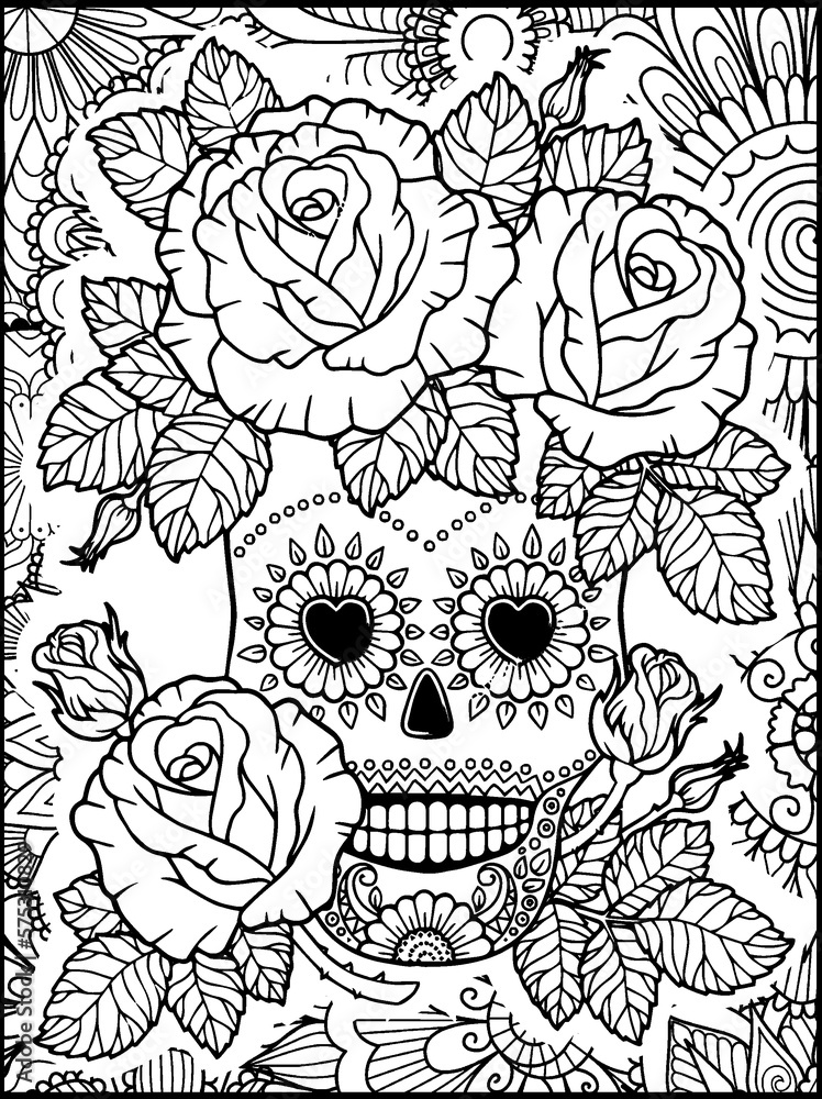 Day of the Dead coloring page with skull and roses. Vector illustration ...