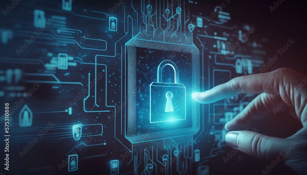 hand pushing a button on a touch screen on Cyber security interface. privacy and data storage ...