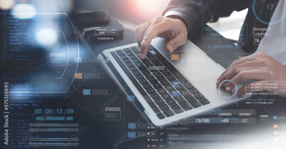 Data Processing, digital technology, internet network concept. Computer programmer working on ...