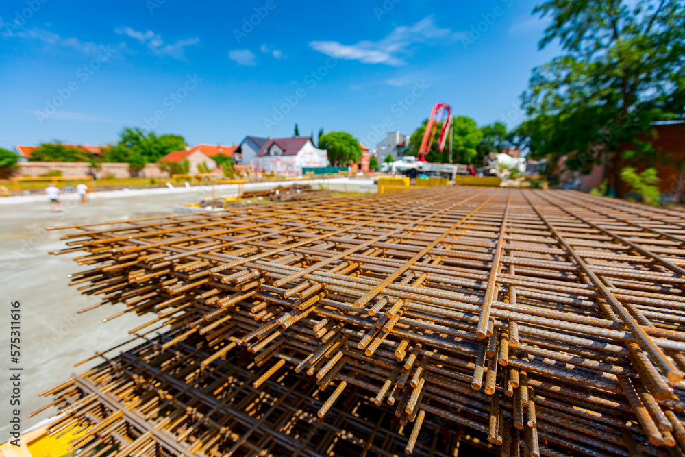 Metal grid reinforcing stacked for construction placed on the building ...