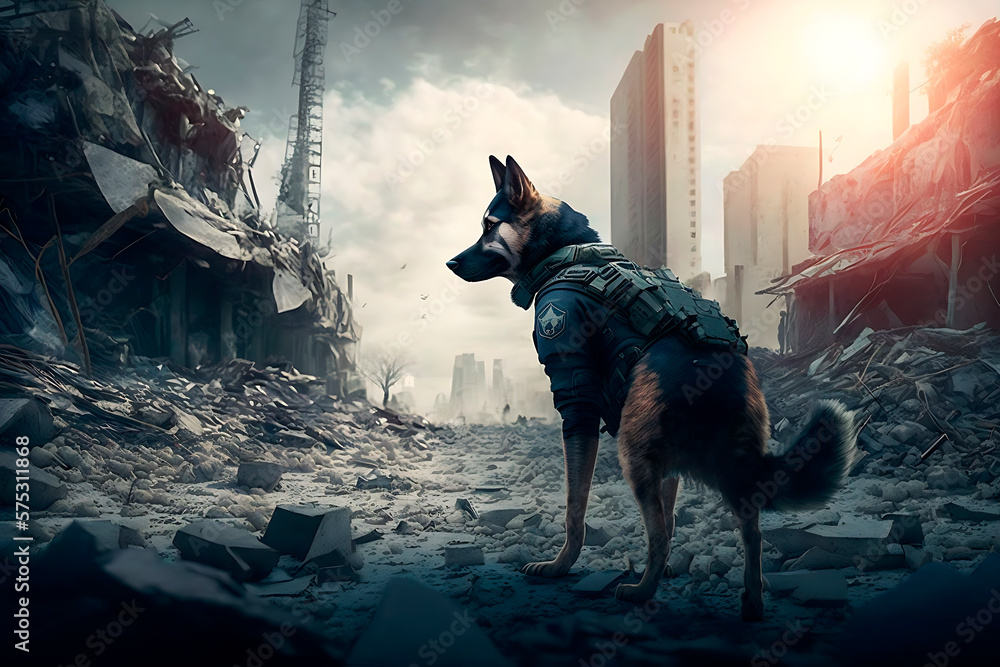 Un perro policía sobre los restos de una ciudad devastada por la guerra ...