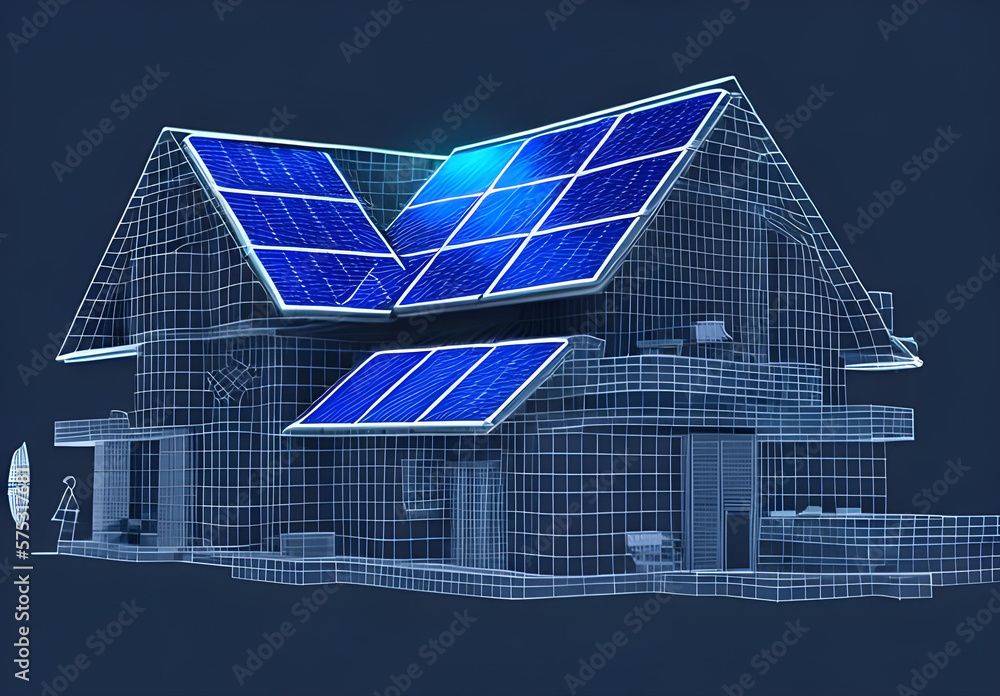 Smart house with solar panels, sketch in 3D with infographics in blue ...