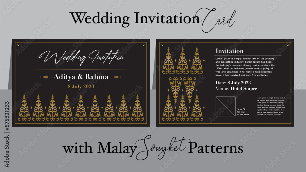 wedding invitation with malay songket pattern, vector, traditional melayu undangan pernikahan ...