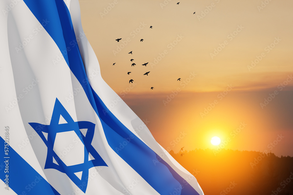 Israel flag with a star of David over cloudy sky background with flying ...