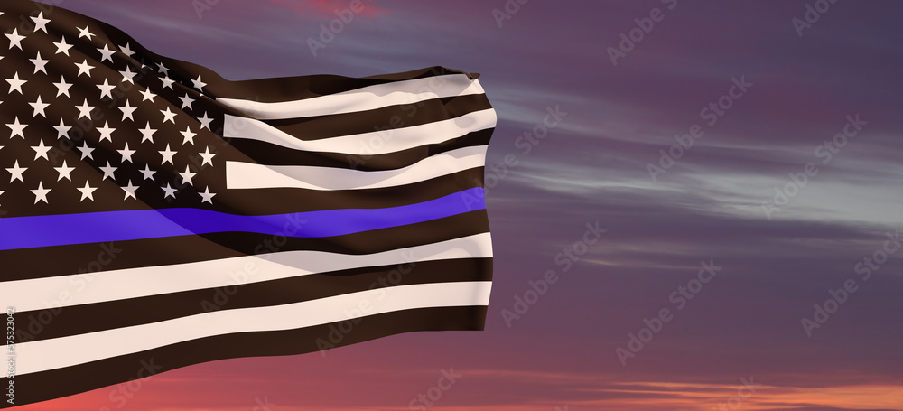 American flag with police support symbol Thin blue line on sunset sky ...