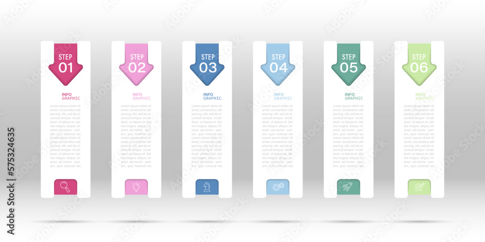 Vetor de Business infographics. 6 stages of achieving the goal. Stages ...