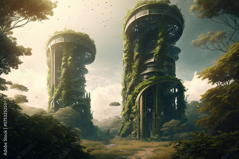 Two futuristic towers with a skybridge covered in lush foliage, digital ... Two futuristic towers with a skybridge covered in lush foliage, digital ...