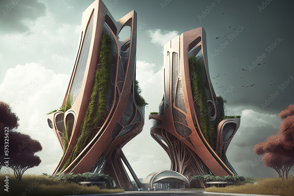 Two futuristic towers with a skybridge covered in lush foliage, digital ...