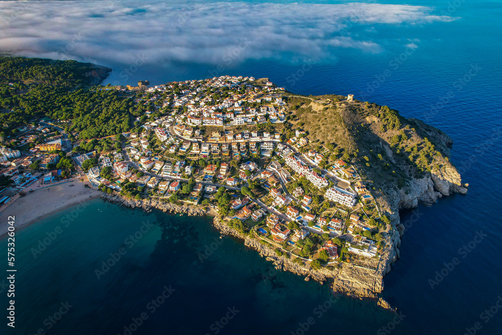 Aerial view above the cap of L'Escala - La Escala with the Pyrenees ...