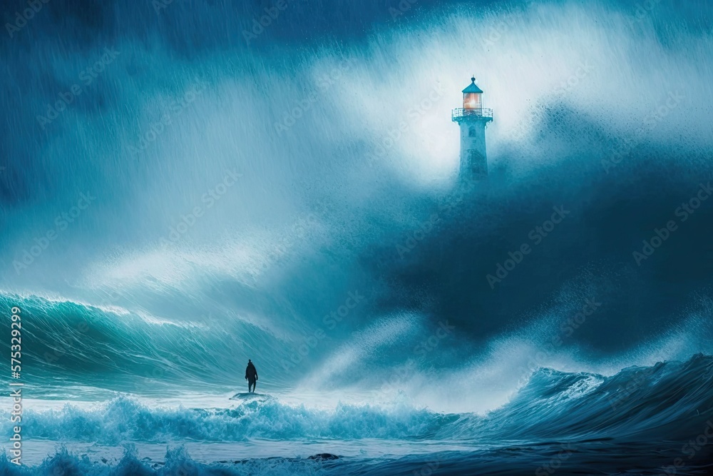 Poster A surfer catches a massive wave in Nazare, Portugal, not far ...