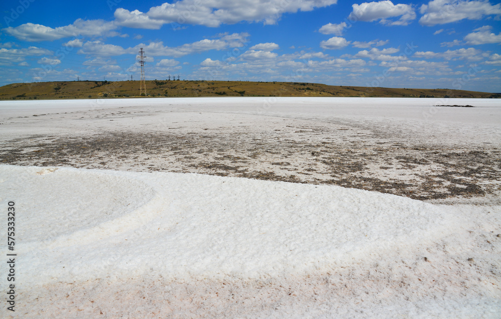 Salt desert - drying Kuyalnitsky estuary. White table salt at the ...