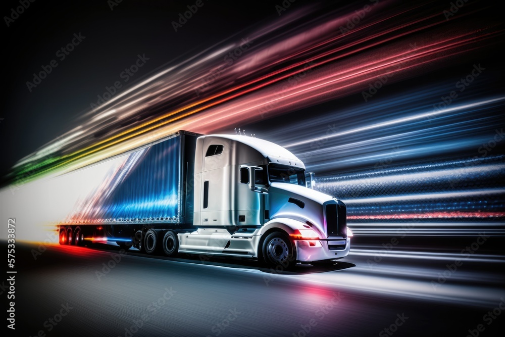 Defocused semi truck in motion, tilted and bokeh composition, nighttime ...