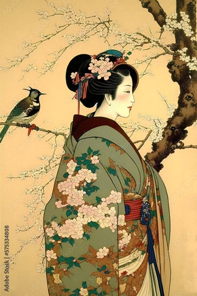 japanese geisha with little bird, woman in kimono, fictional person ...