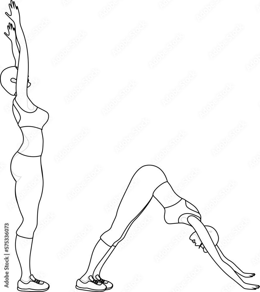 The girl does sports exercises. The girl stands with her hands up. The ...