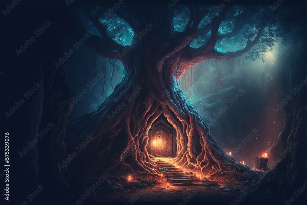 Sacred fantasy tree of life with afterlife portal gate leading to ...