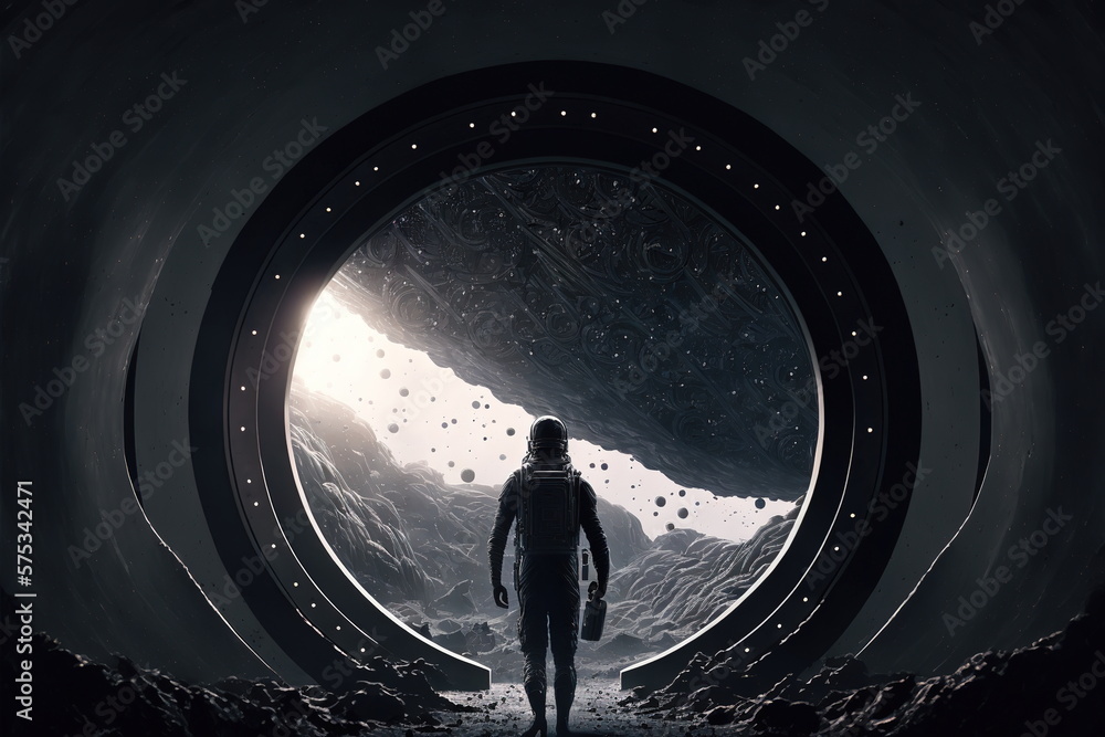 Spaceman travel through the space with mysterious sci-fi fantasy portal ...